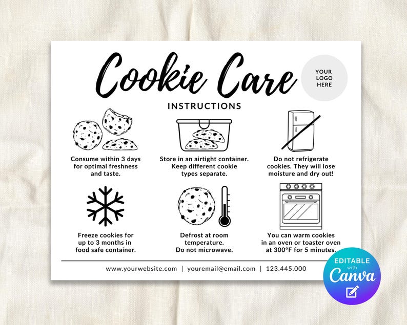 Cookie Care Guide Card Editable Template, Sugar Cookie Care ...