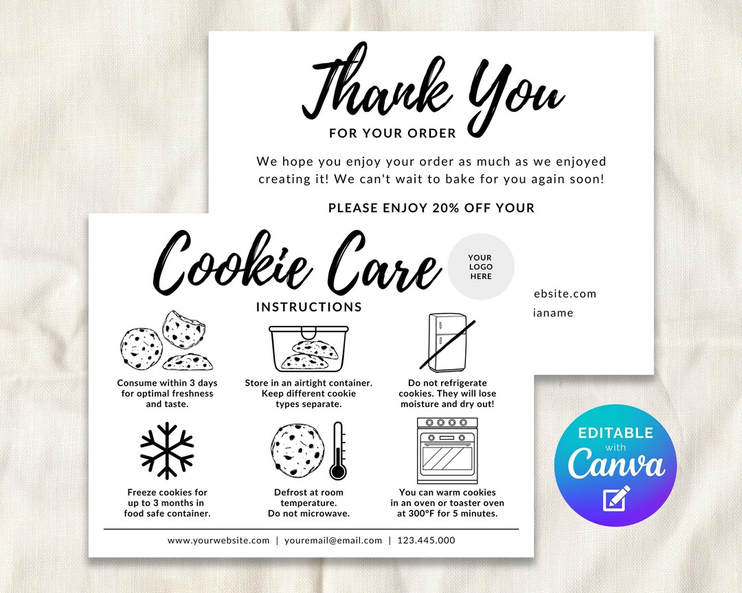 Cookie Care Guide Card Editable Template, Sugar Cookie Care ...