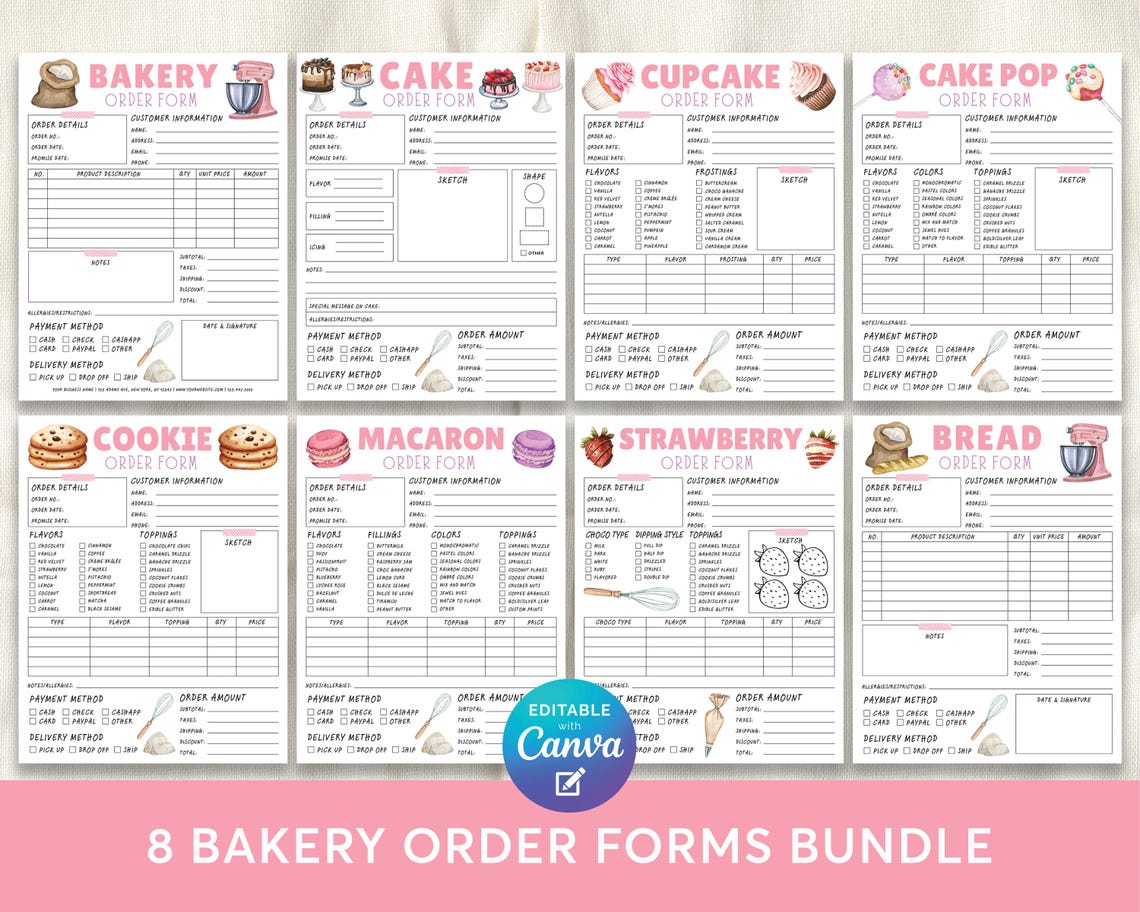 Bakery Order Forms Bundle Editable Template, Bakery Invoice Form, Cake ...