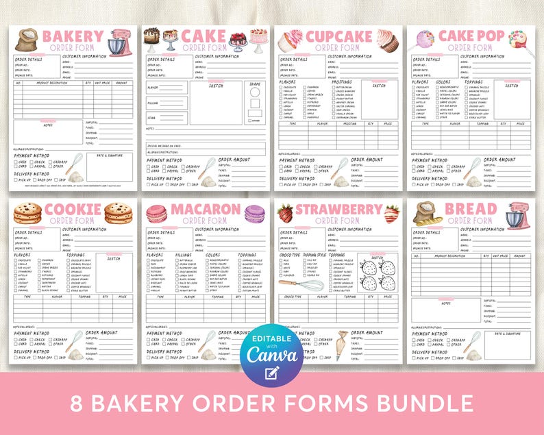 Bakery Order Forms Bundle Editable Template, Bakery Invoice Form, Cake ...