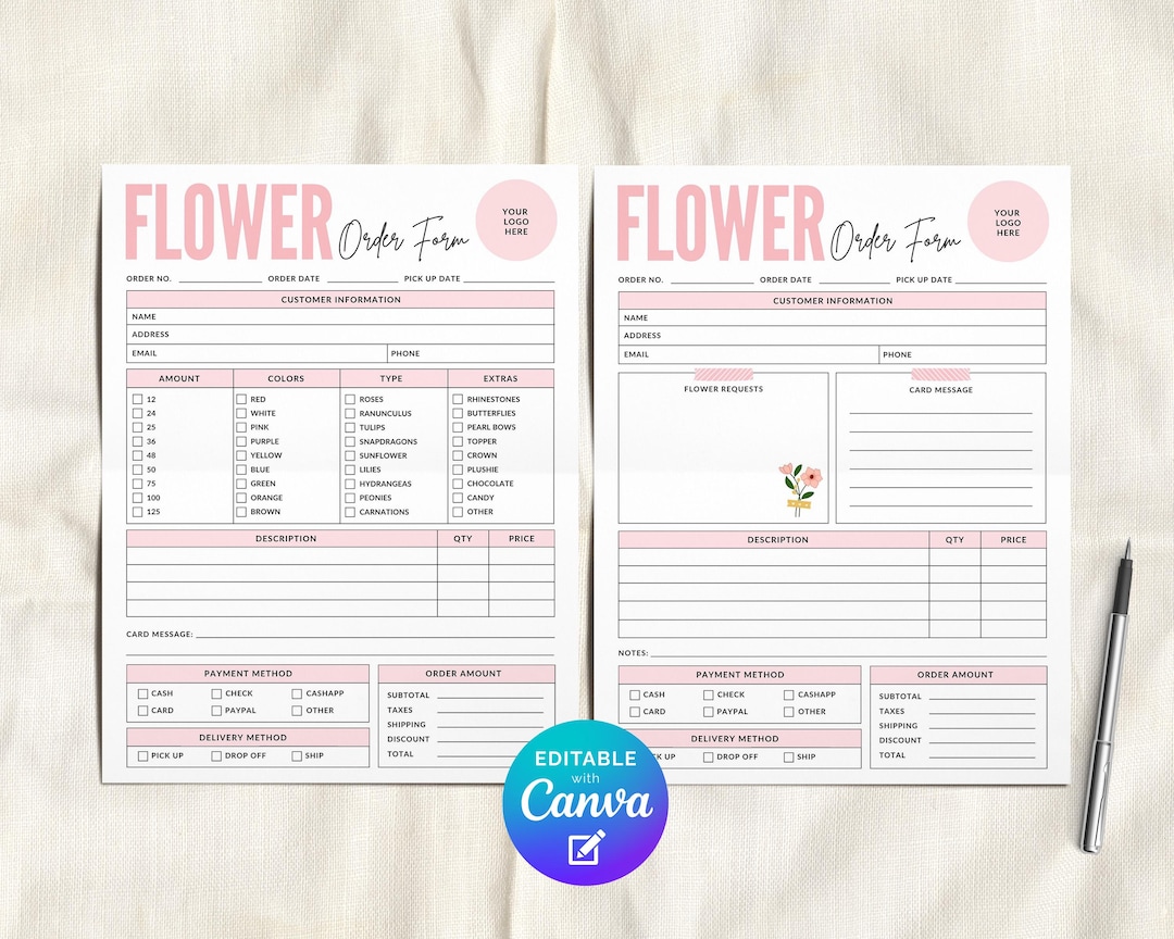 Florist Order Form Editable Template, Flower Bouquet Invoice Form ...
