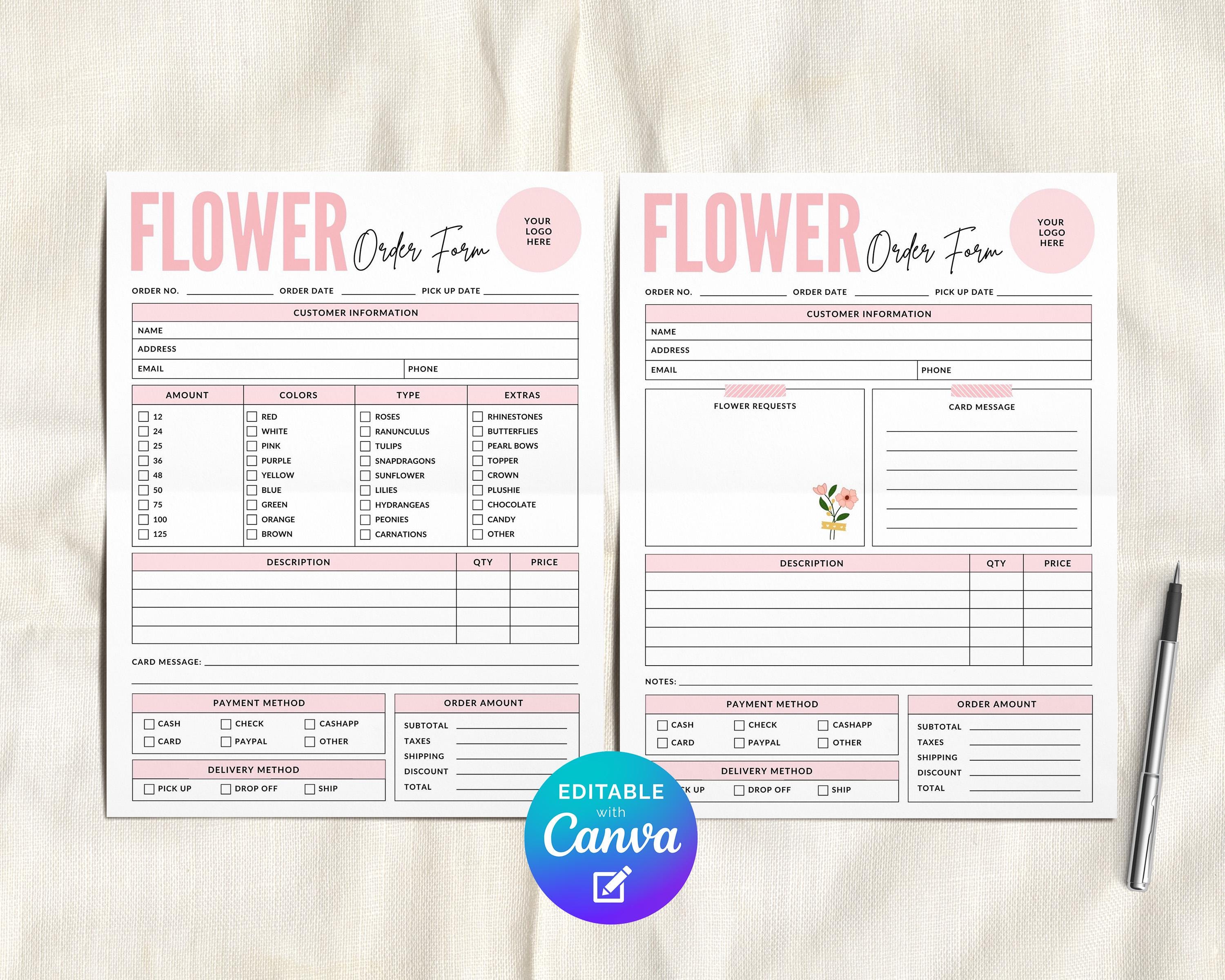 Florist Order Form Editable Template, Flower Bouquet Invoice Form ...