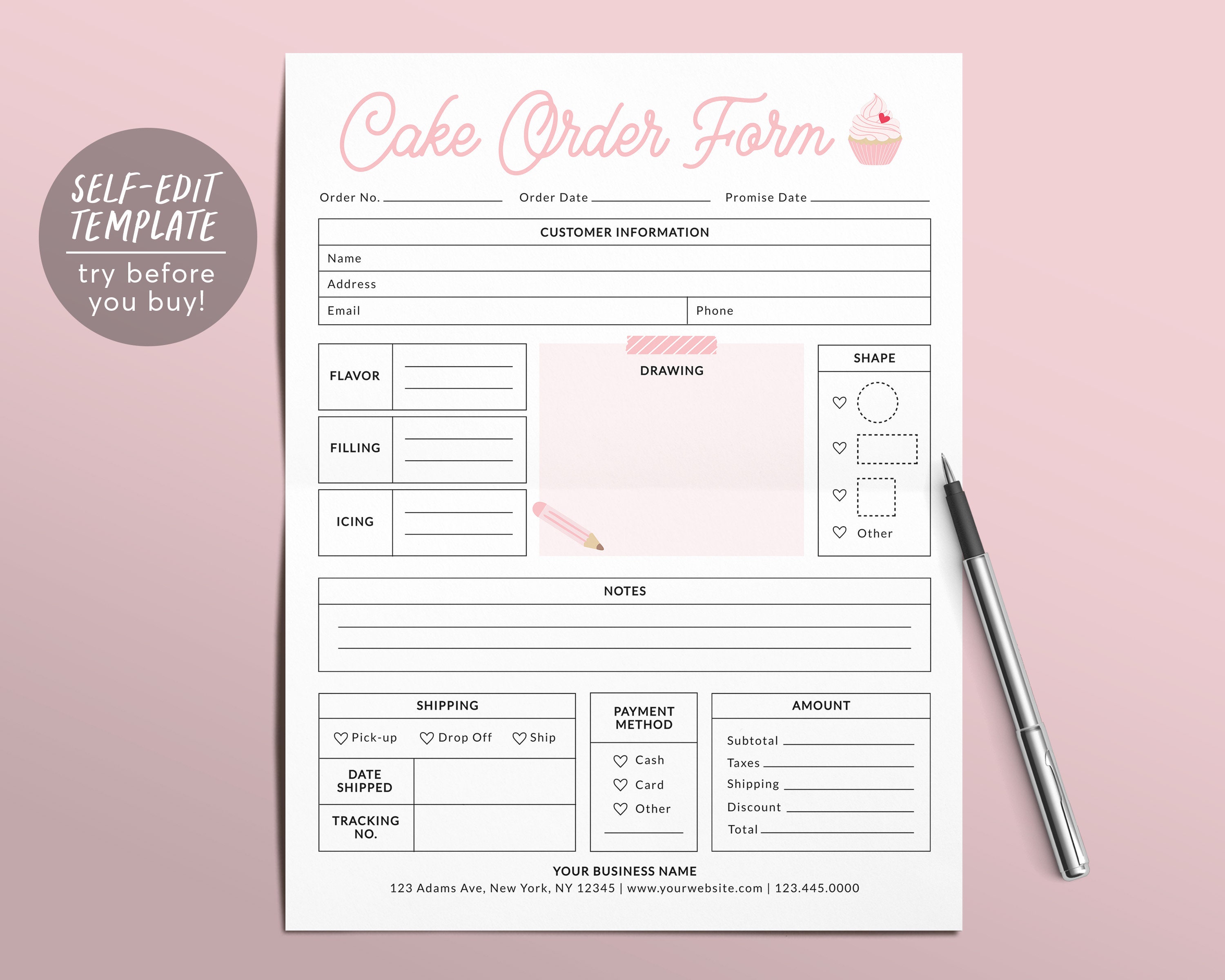 Cake Invoice Template Editable Cake Order Form Template Etsy