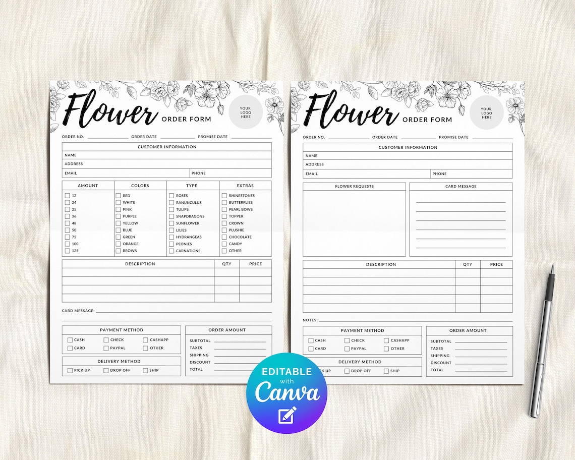 Florist Order Form Editable Template, Flower Bouquet Invoice Form ...