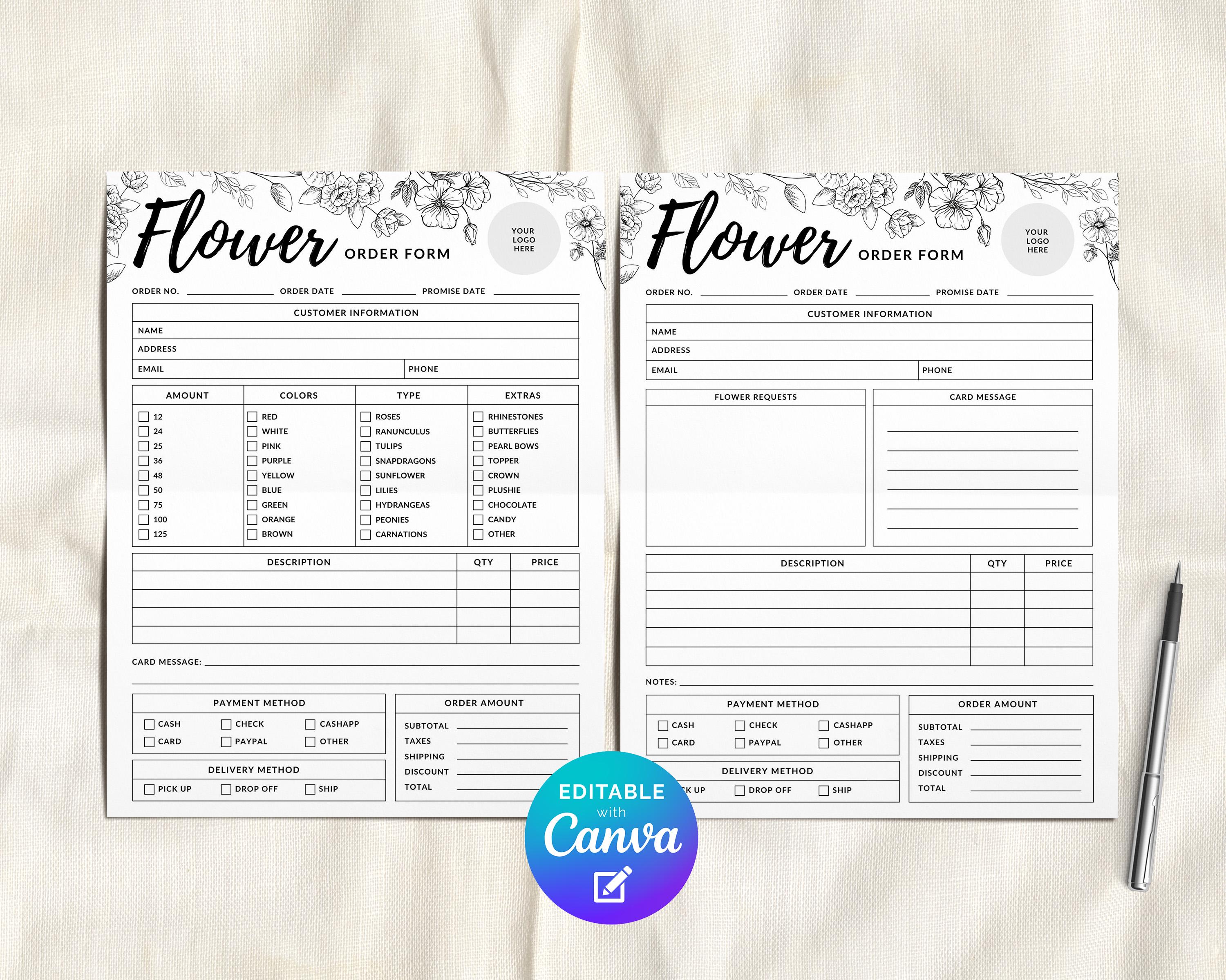 Florist Order Form Editable Template, Flower Bouquet Invoice Form ...