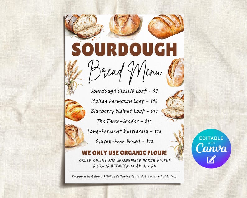 Sourdough Bread Menu Bakery Price List Editable Template, Bread Price ...