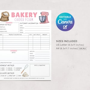 Bakery Order Form Editable Template, Bakery Invoice Form, Cake Bread ...