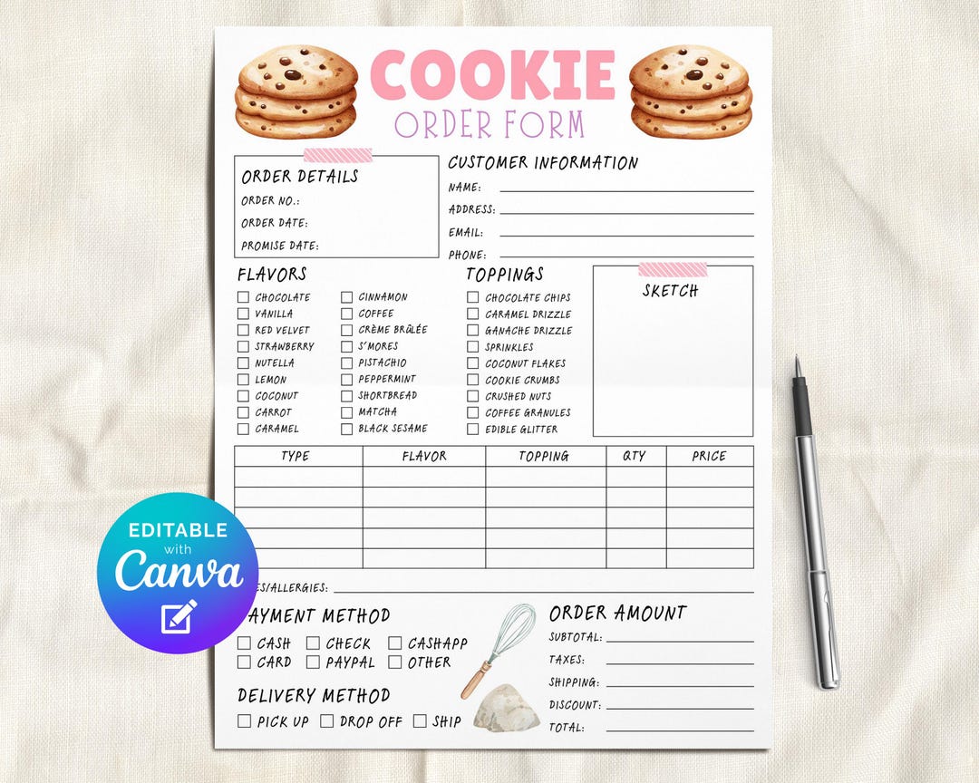 Cookie Order Form Editable Template, Sugar Cookies Invoice Form, Home ...