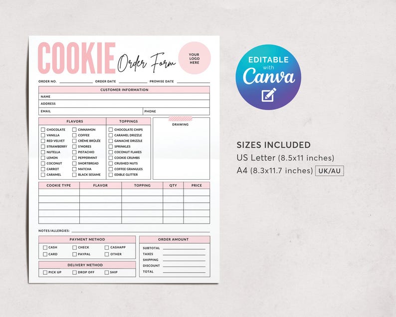 Cookie Order Form Editable Template, Sugar Cookies Invoice Form, Home ...