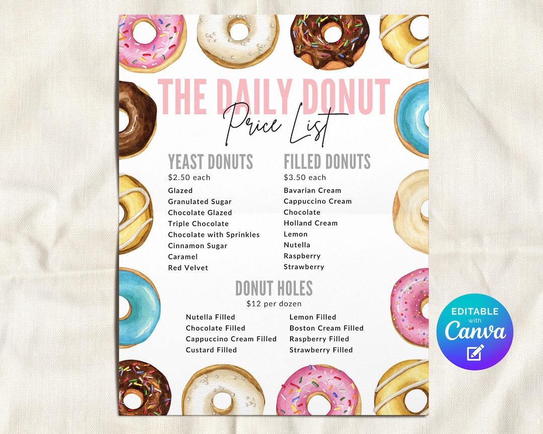 Donut Price List Editable Template, Donuts Menu for Home Bakery, Cute ...