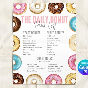 Donut Price List Editable Template, Donuts Menu for Home Bakery, Cute ...