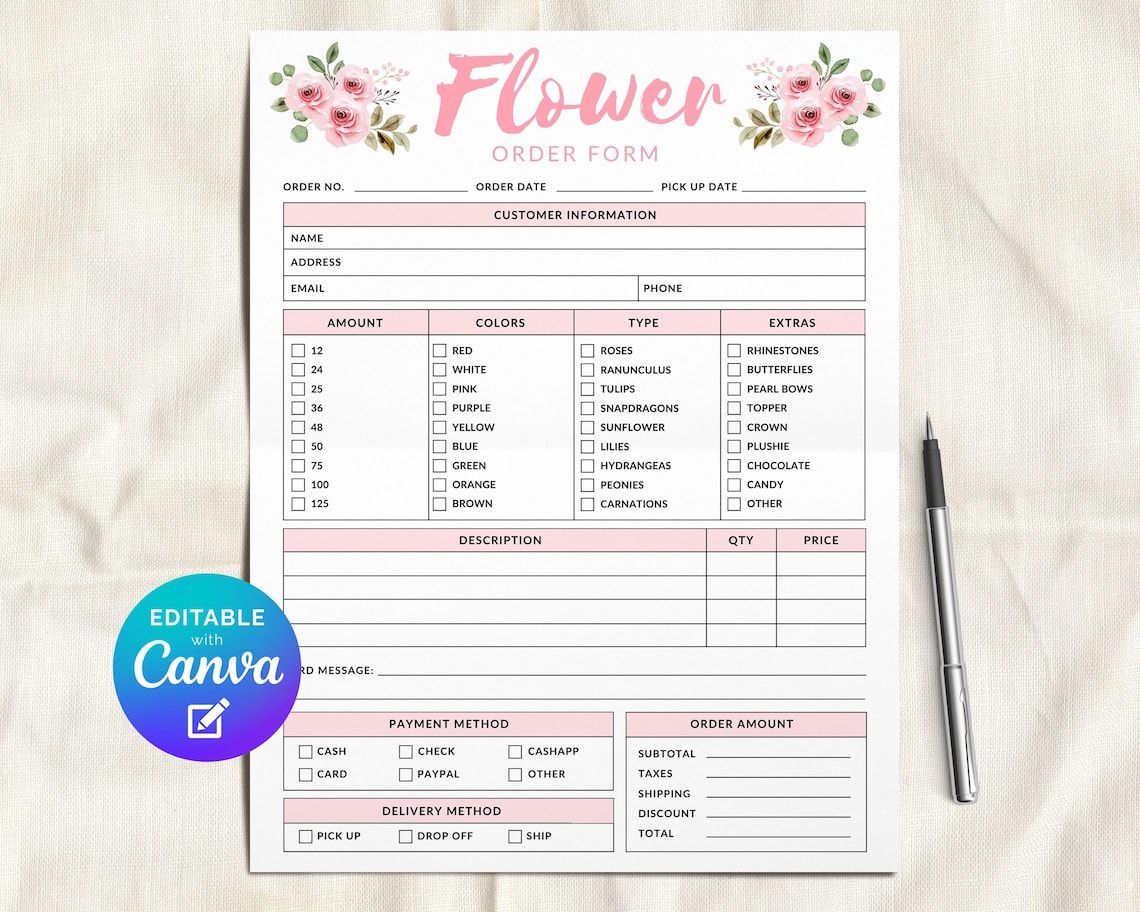 Florist Order Form Editable Template, Flower Bouquet Invoice Form ...