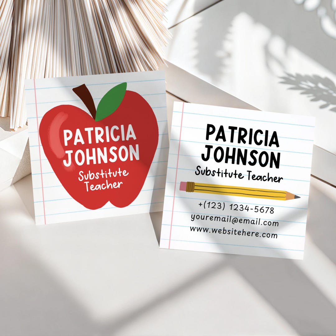 Substitute Teacher Square Business Card Template, Apple Elementary ...
