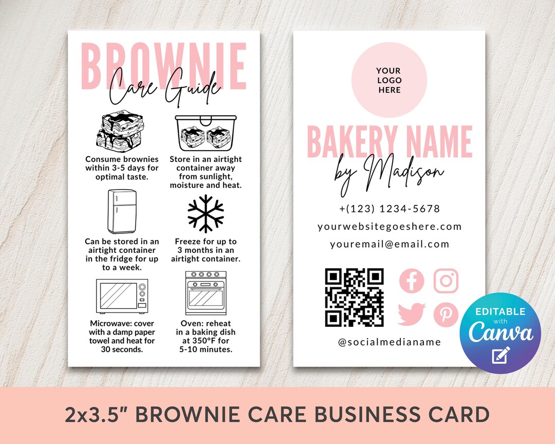 Brownies Care Instructions Business Card Editable Template, Brownie Care Guide Calling Card ...