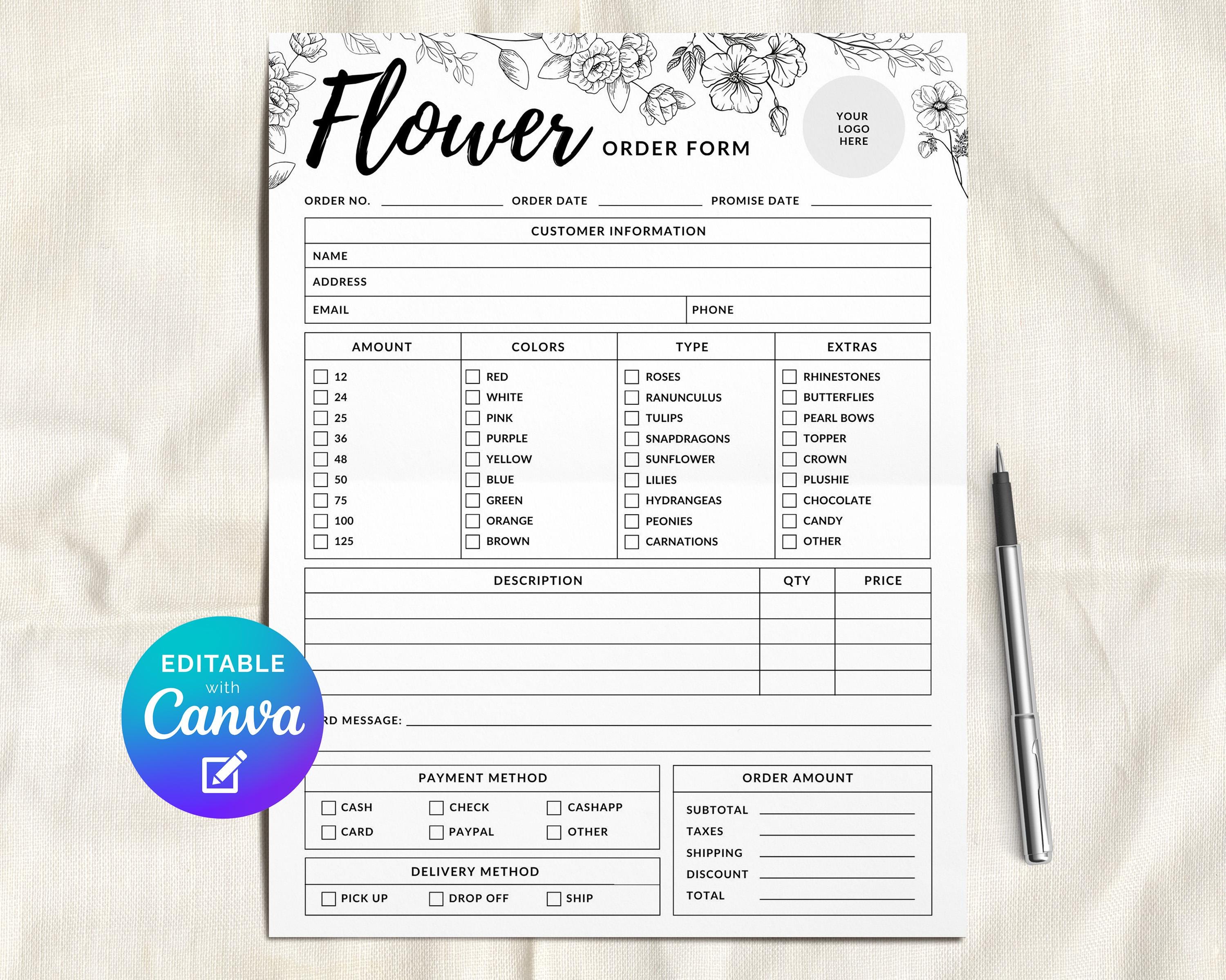 Florist Order Form Editable Template, Flower Bouquet Invoice Form ...