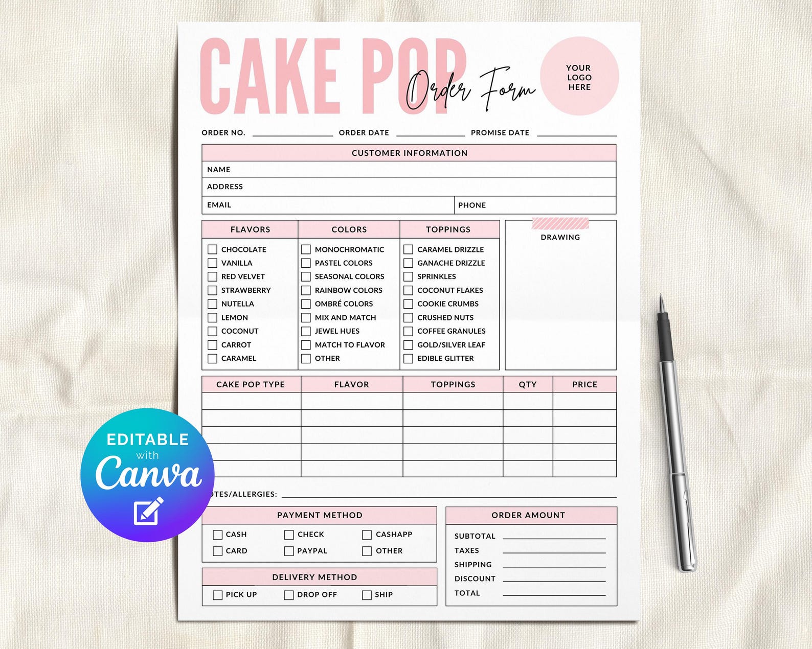 Cake Pop Order Form Editable Template, Cakepop Invoice Form for Bakers ...