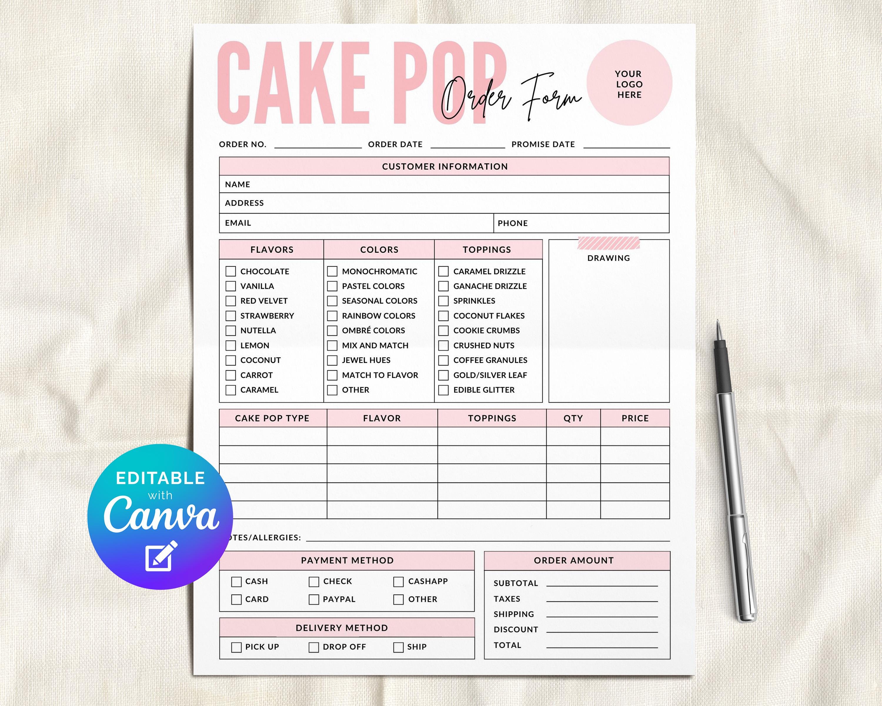 Cake Pop Order Form Editable Template, Cakepop Invoice Form for Bakers ...