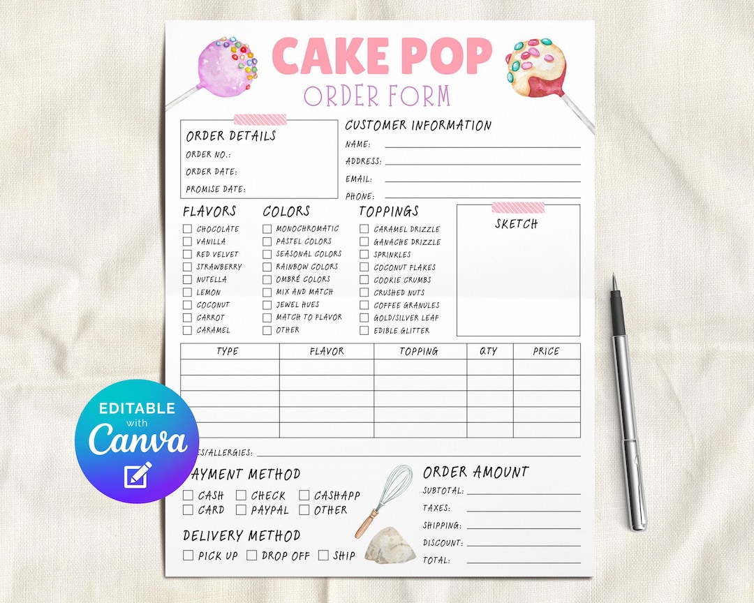 Cake Pop Order Form Editable Template, Cake Pops Invoice Form ...