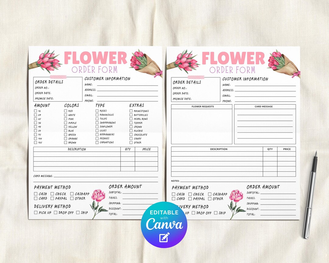 Florist Order Form Editable Template, Flower Bouquet Invoice Form ...