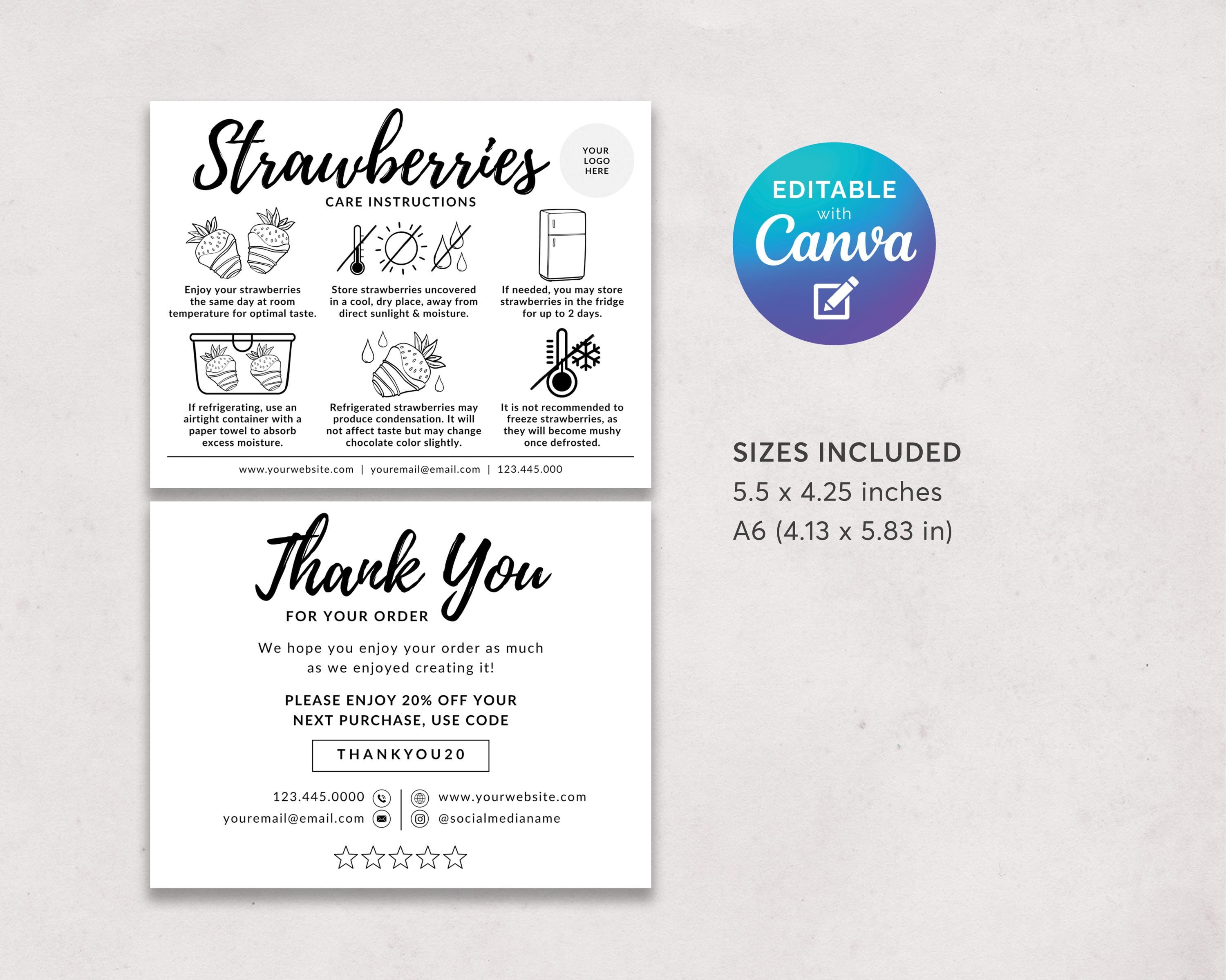 Chocolate Covered Strawberries Care Guide Card Editable Template ...