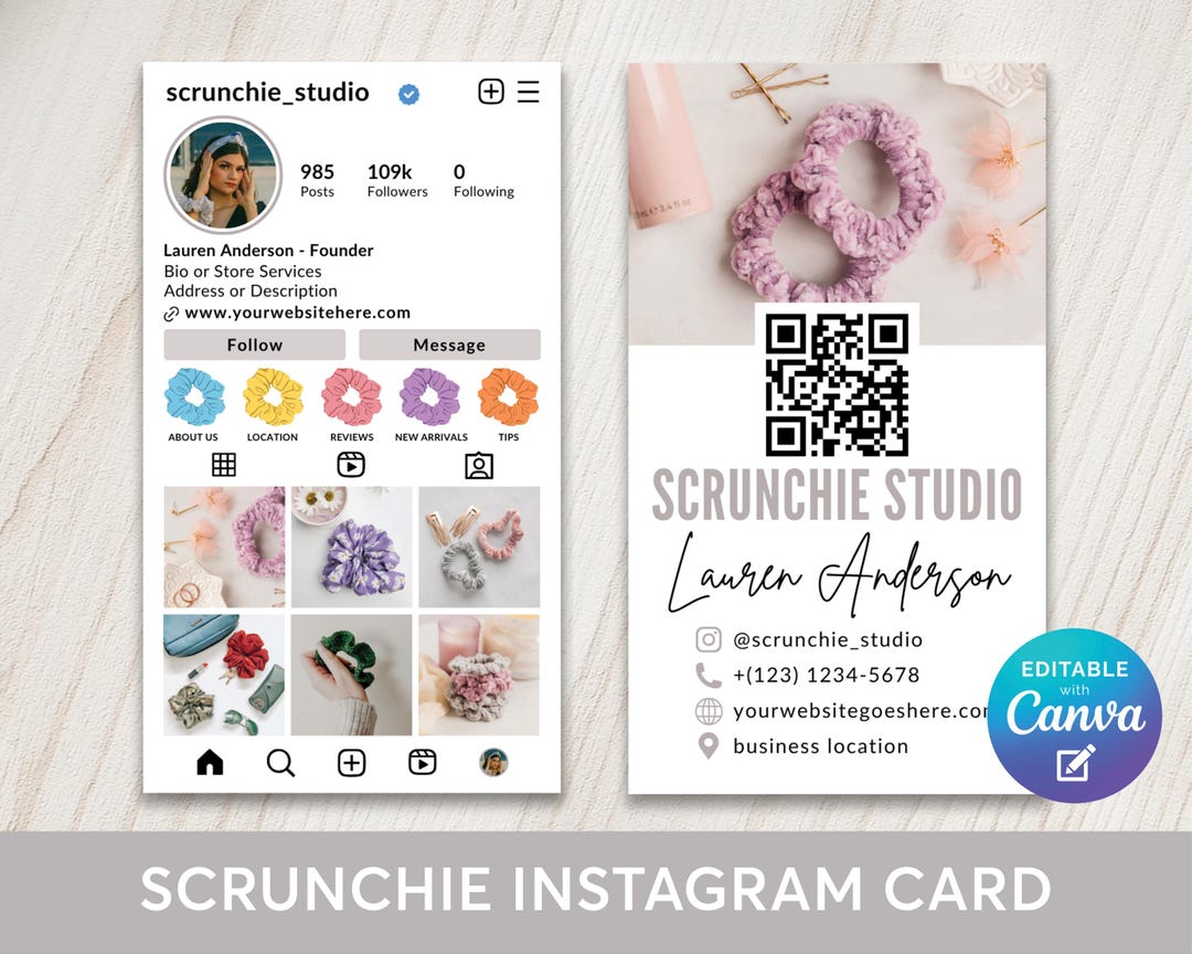 Scrunchie Instagram Business Card Editable Template, Hair Tie Shop IG ...