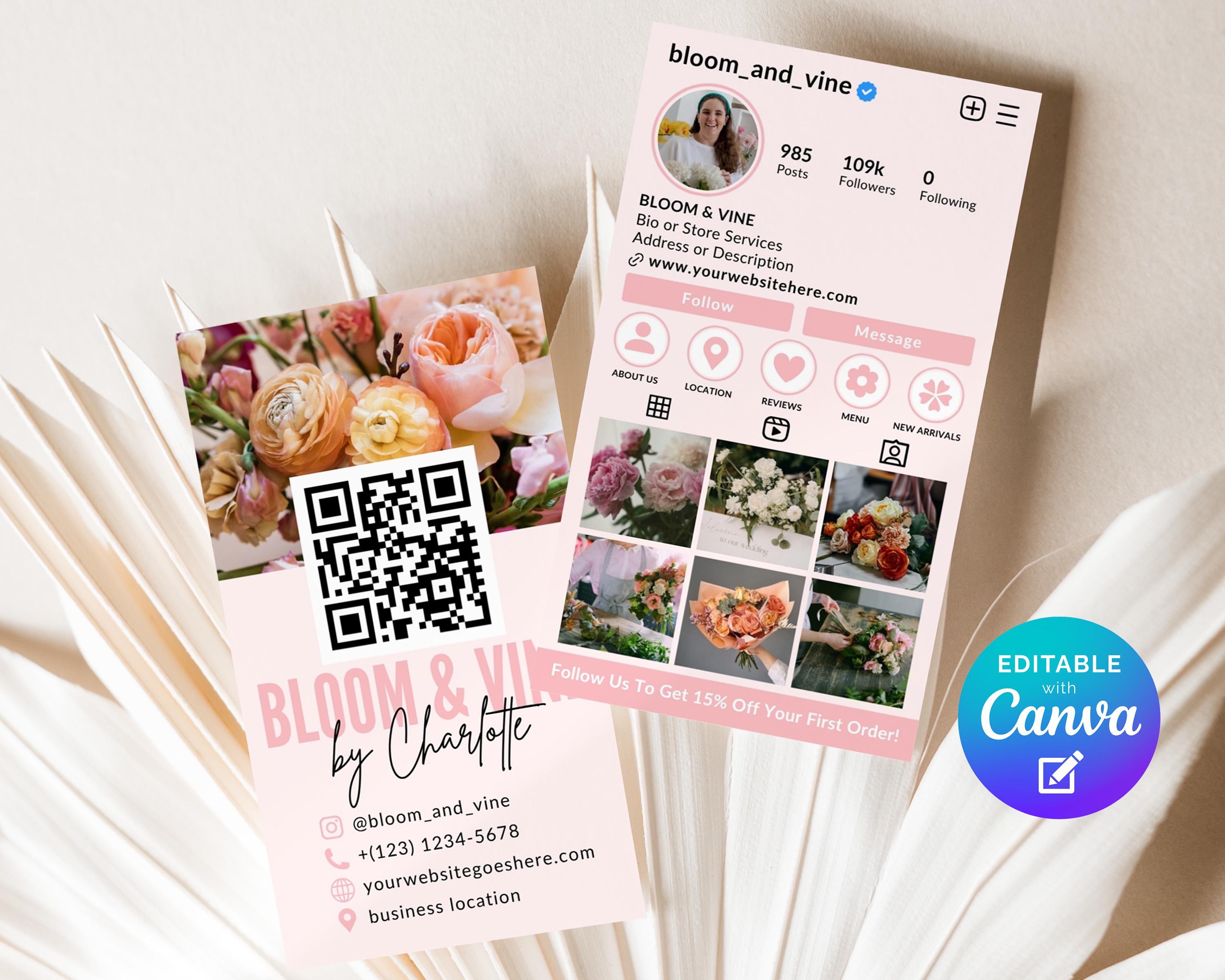 Florist Instagram Business Card Editable Template, Flower Shop IG QR ...