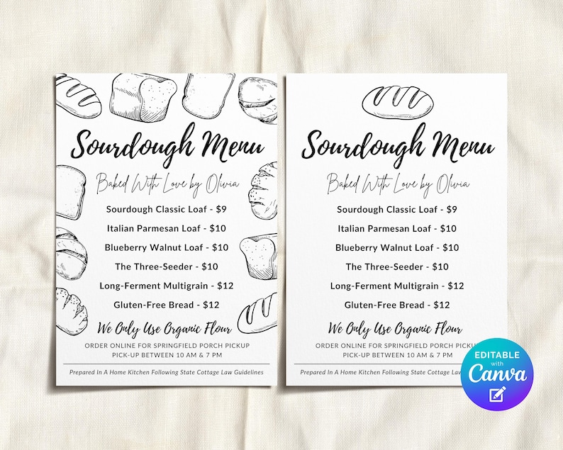 Sourdough Menu Cottage Bakery Price List Editable Template, Bread Price ...