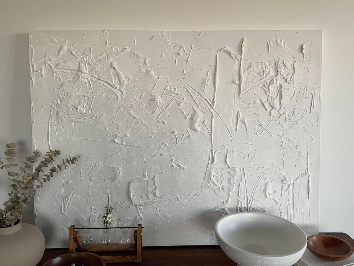 Large White Textured Canvas Painted Painting 3D Abstract Modern Art ...