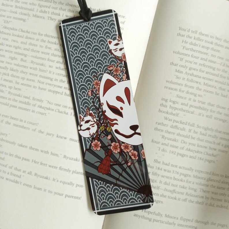Japanese Fox Mask Fan Bookmark Illustrated Fantasy Design, Suede Cord ...