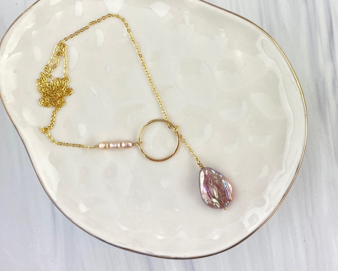 Pearl and Gold Lariat Necklace, Dainty, 20”, Cultured Coin Pearl, Pink ...