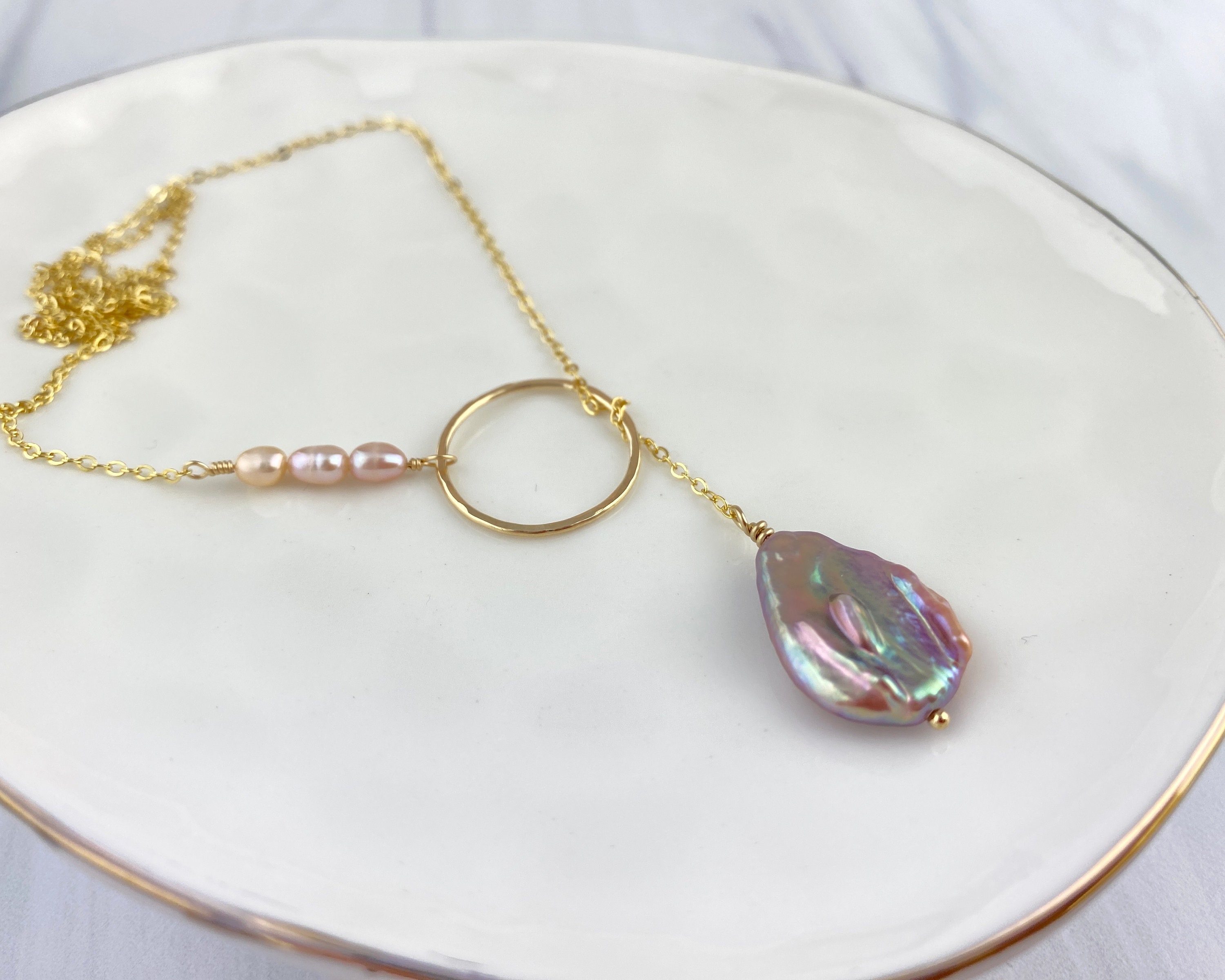 Pearl and Gold Lariat Necklace, Dainty, 20”, Cultured Coin Pearl, Pink ...