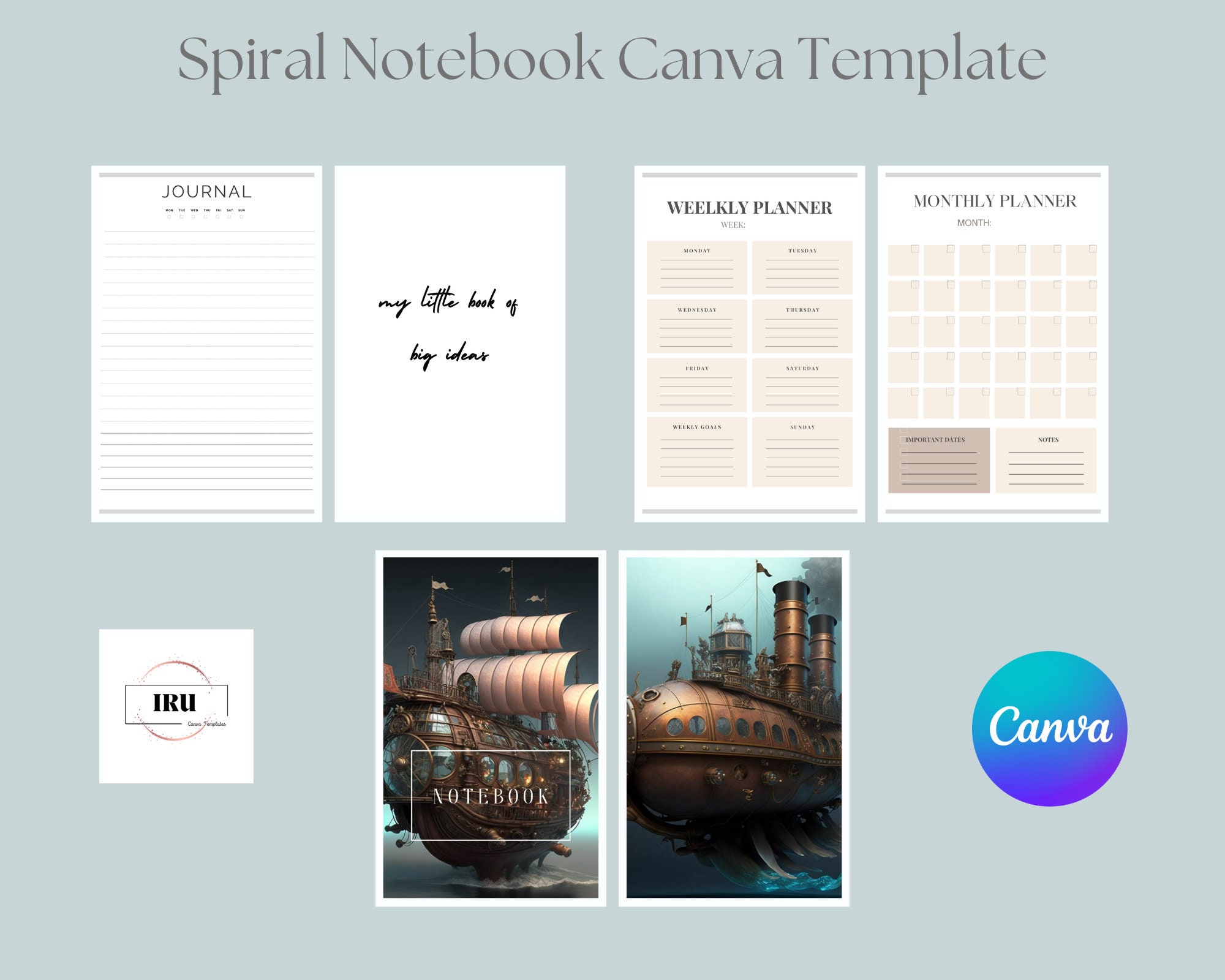 Spiral Notebook Canva Template, Journal, Notebook, Diary, Daily Weekly Monthly Planner,canva ...