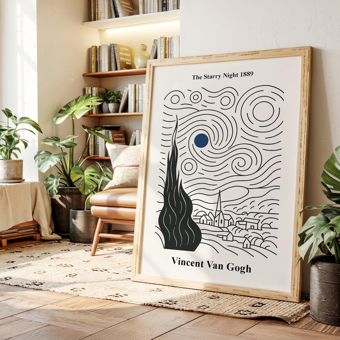 Starry Night Line Art Print: Minimalist Van Gogh Poster - Etsy