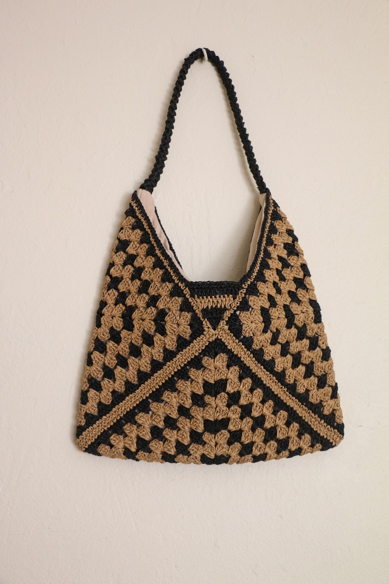 Granny Square Motif Crocheted Raffia Hobo Bag , Shoulder Straw Bag ...