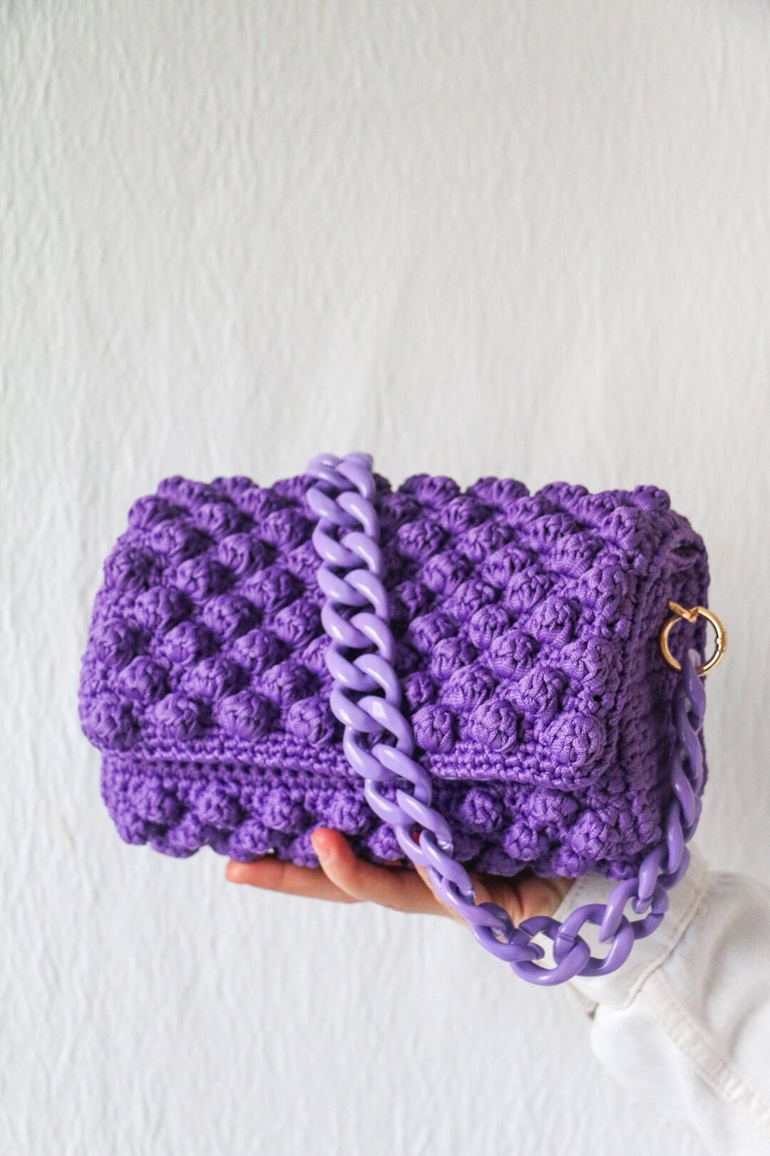 Purple Bubbles Crochet Bag With Plastic Bigger Chain, Knitted Shoulder ...