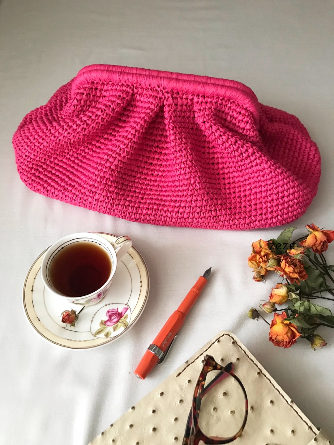 Fuchsia Raffia Dumpling Bag, Handcrafted Summer Purse, Crocheted Cloud ...