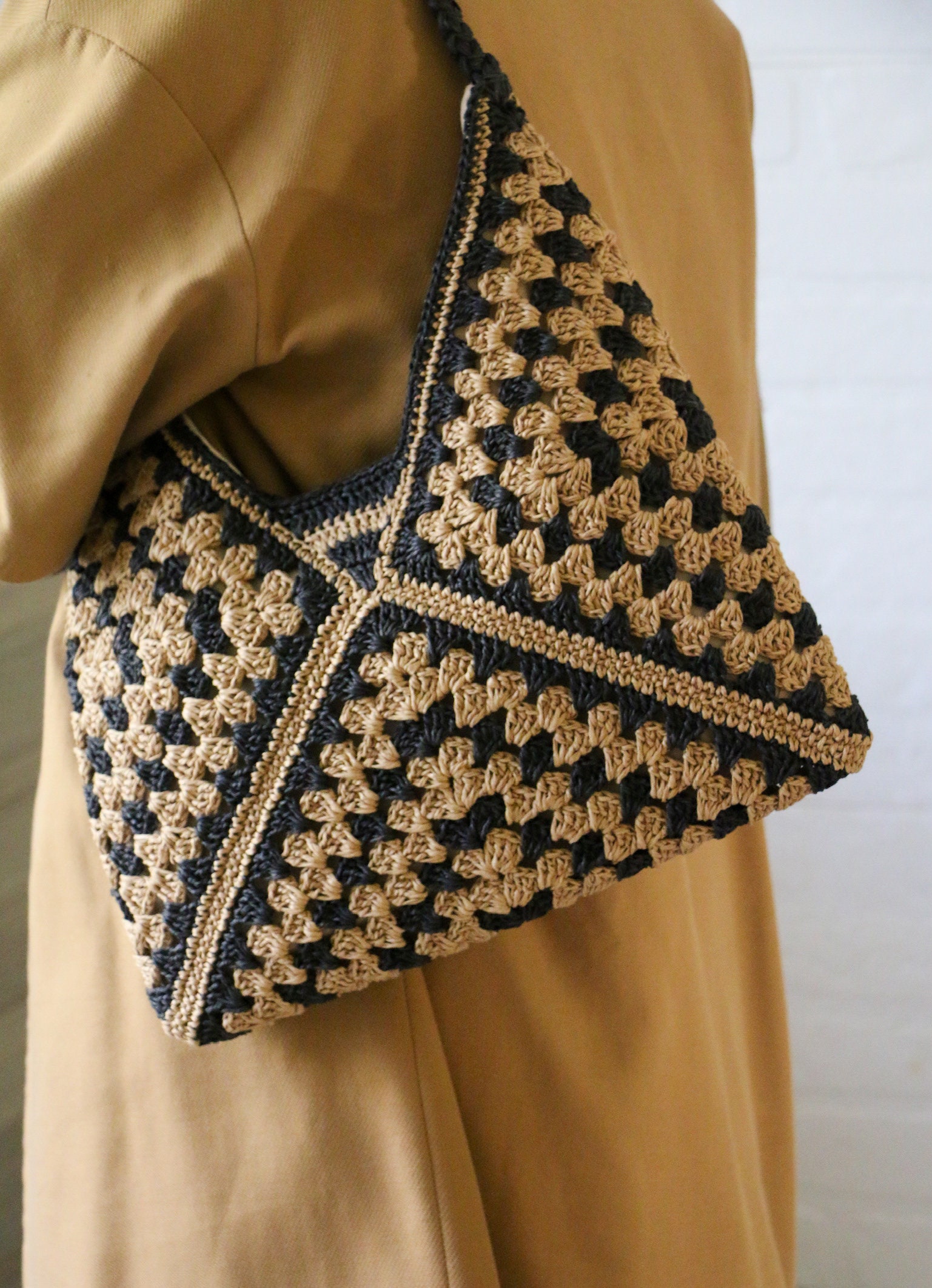 Granny Square Motif Crocheted Raffia Hobo Bag , Shoulder Straw Bag ...