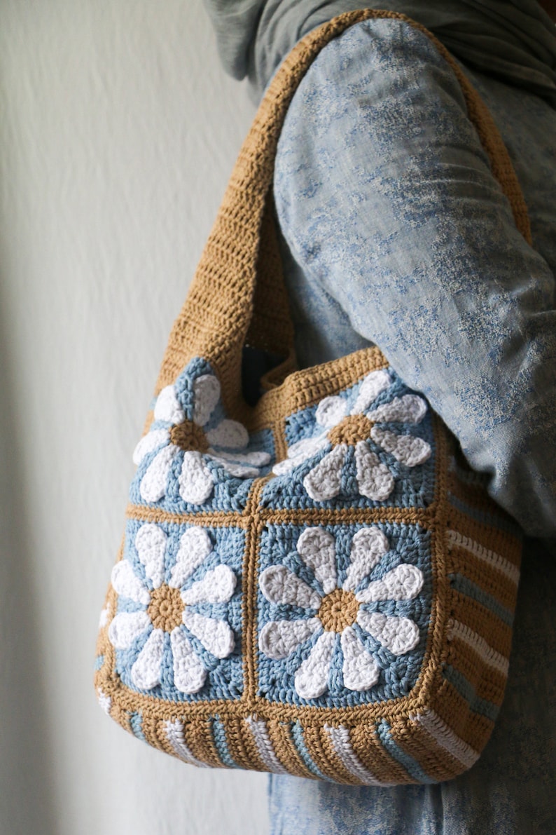 Daisy Crochet Bag, Granny Square Hobo Bag ,afghan Shoulder Bag, Flower Tote Bag, Vintage Style ...