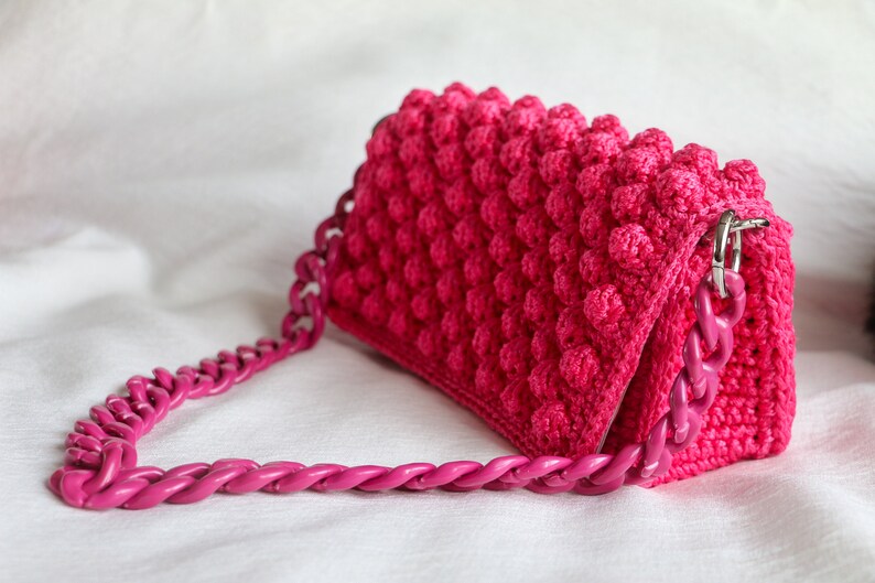 Pink Bubbles Crochet Bag With Plastic Bigger Chain, Knitted Shoulder ...