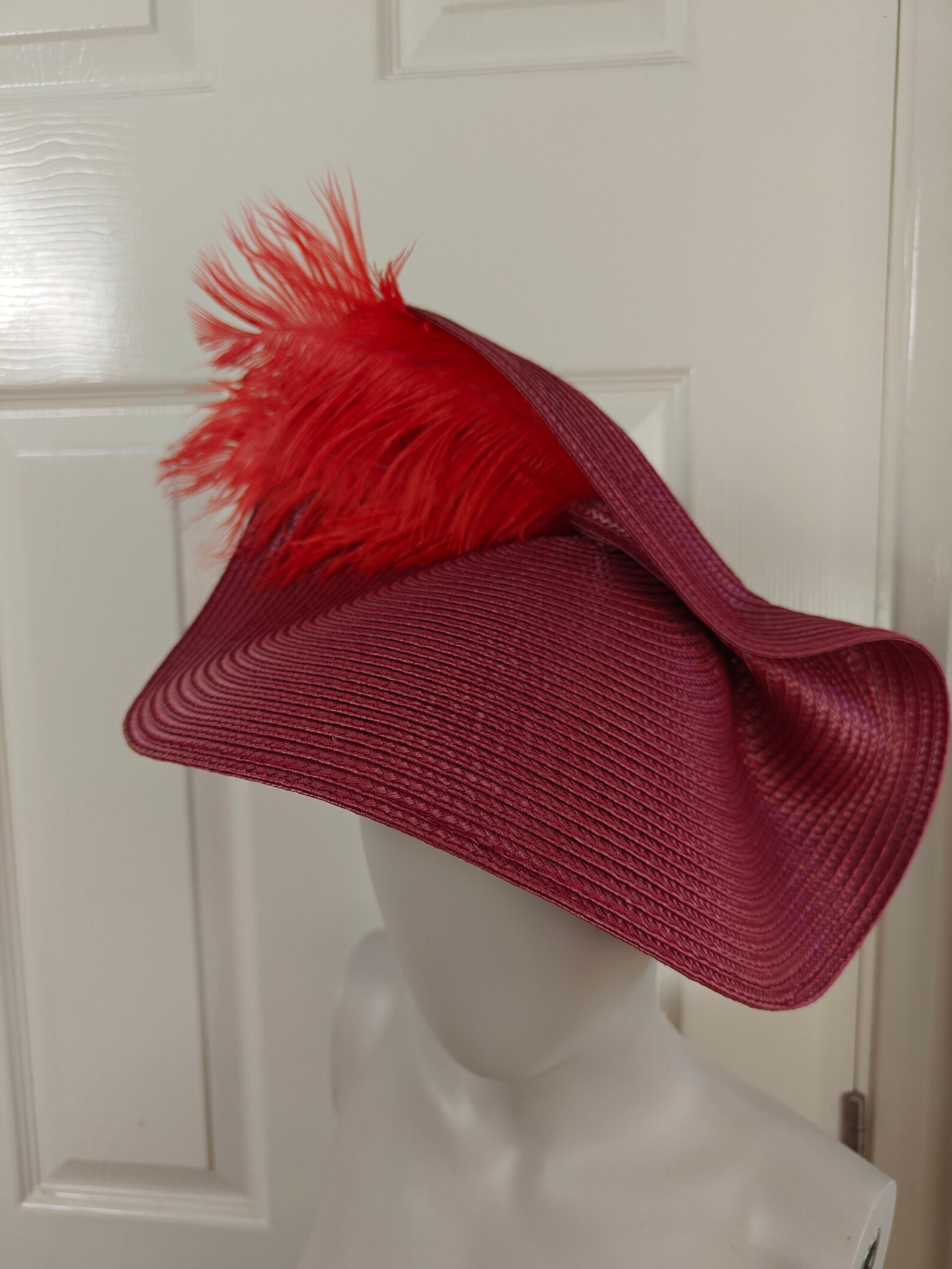 Dark Wine Red Large Straw Ostrich Feather Fascinator Millinery ...