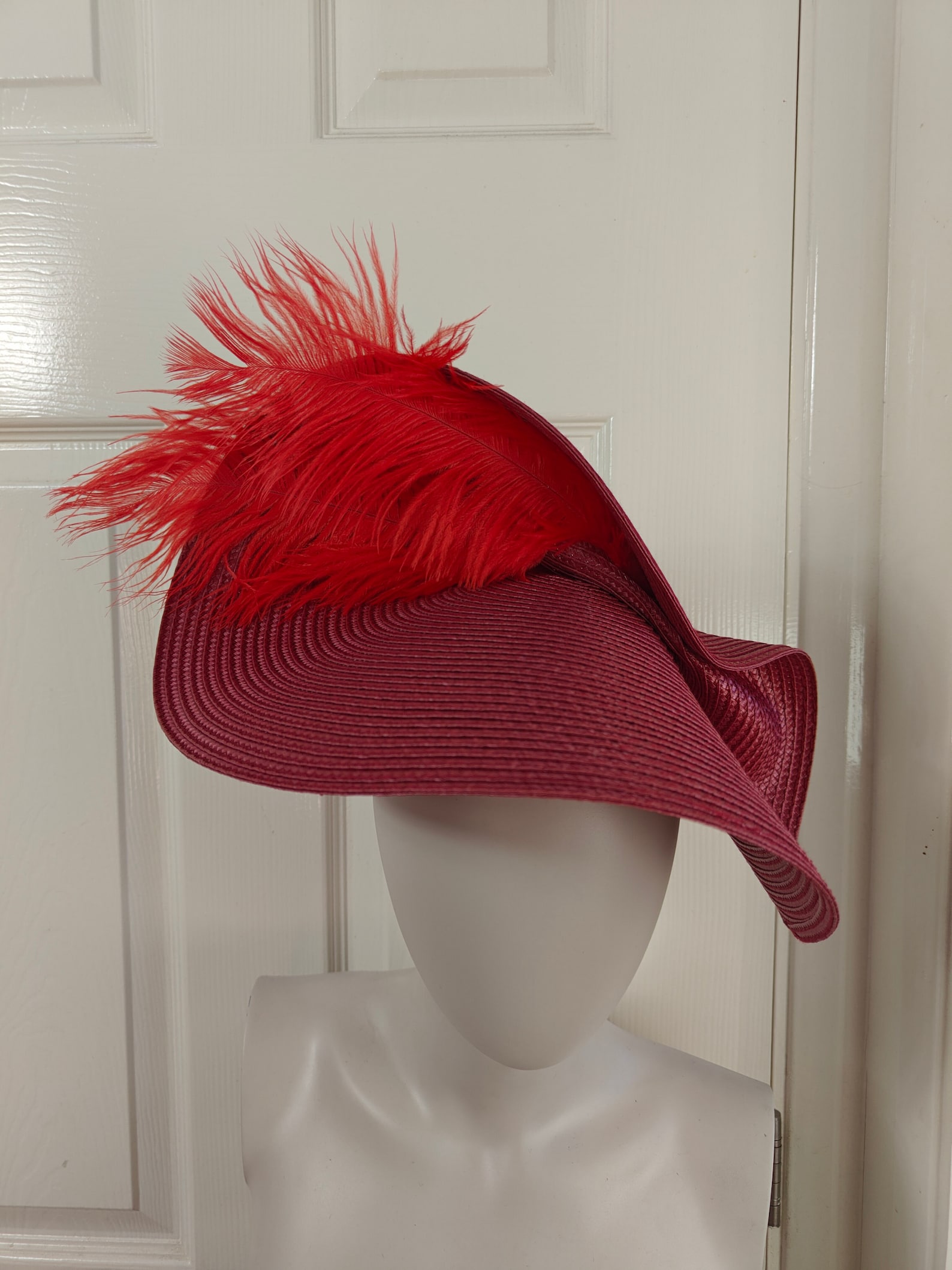 Dark Wine Red Large Straw Ostrich Feather Fascinator Millinery ...
