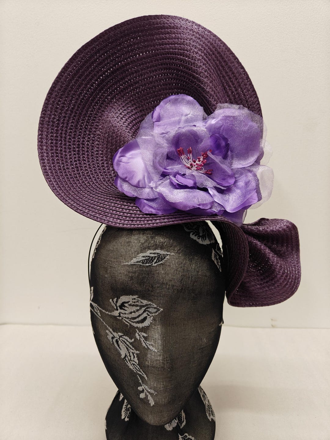 Dark Purple Flower Large Straw Fascinator Millinery Burlesque Wedding ...
