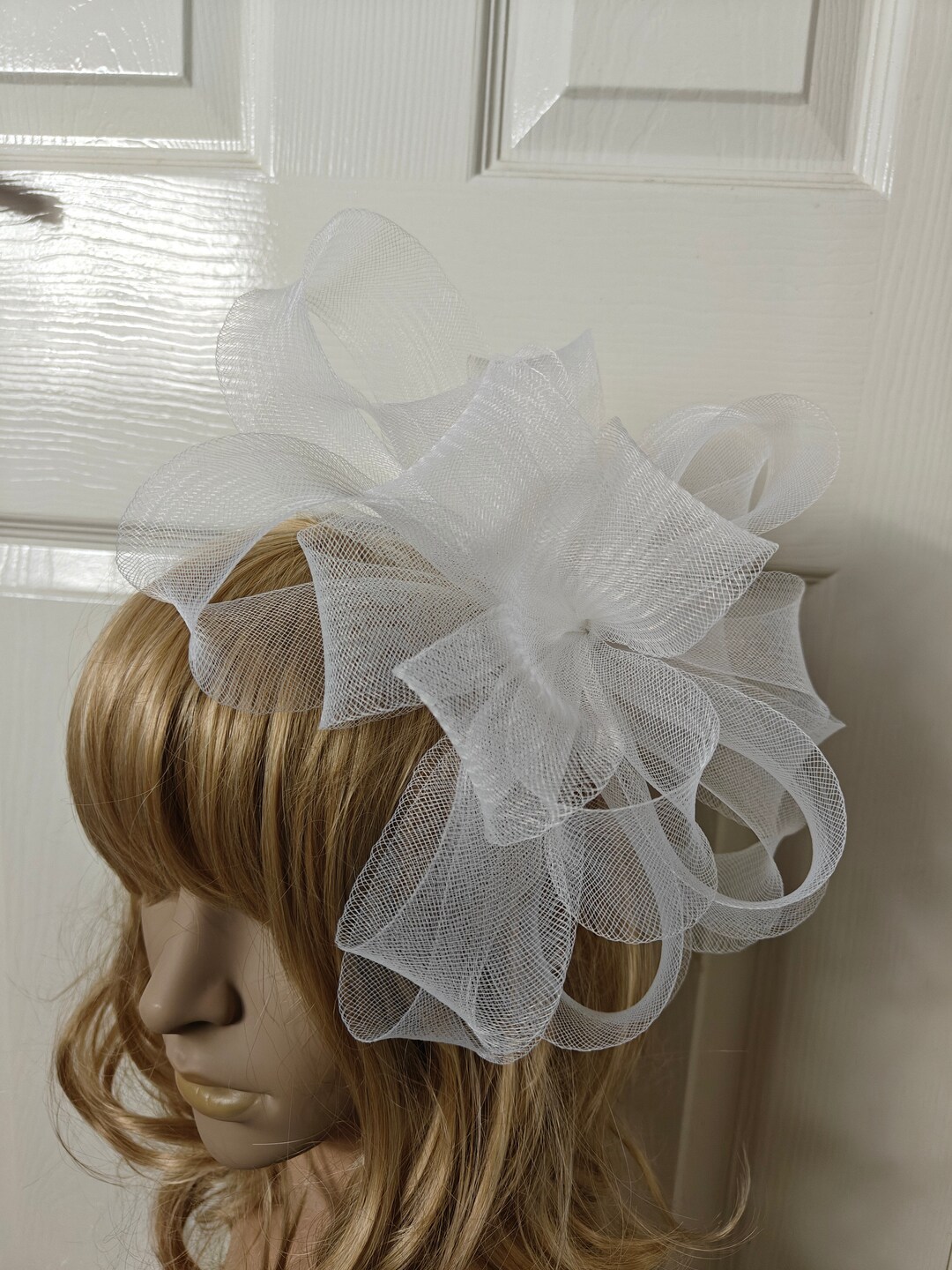 White Crin Flower Fascinator Wedding Hat on Headband ( Can Change Into ...
