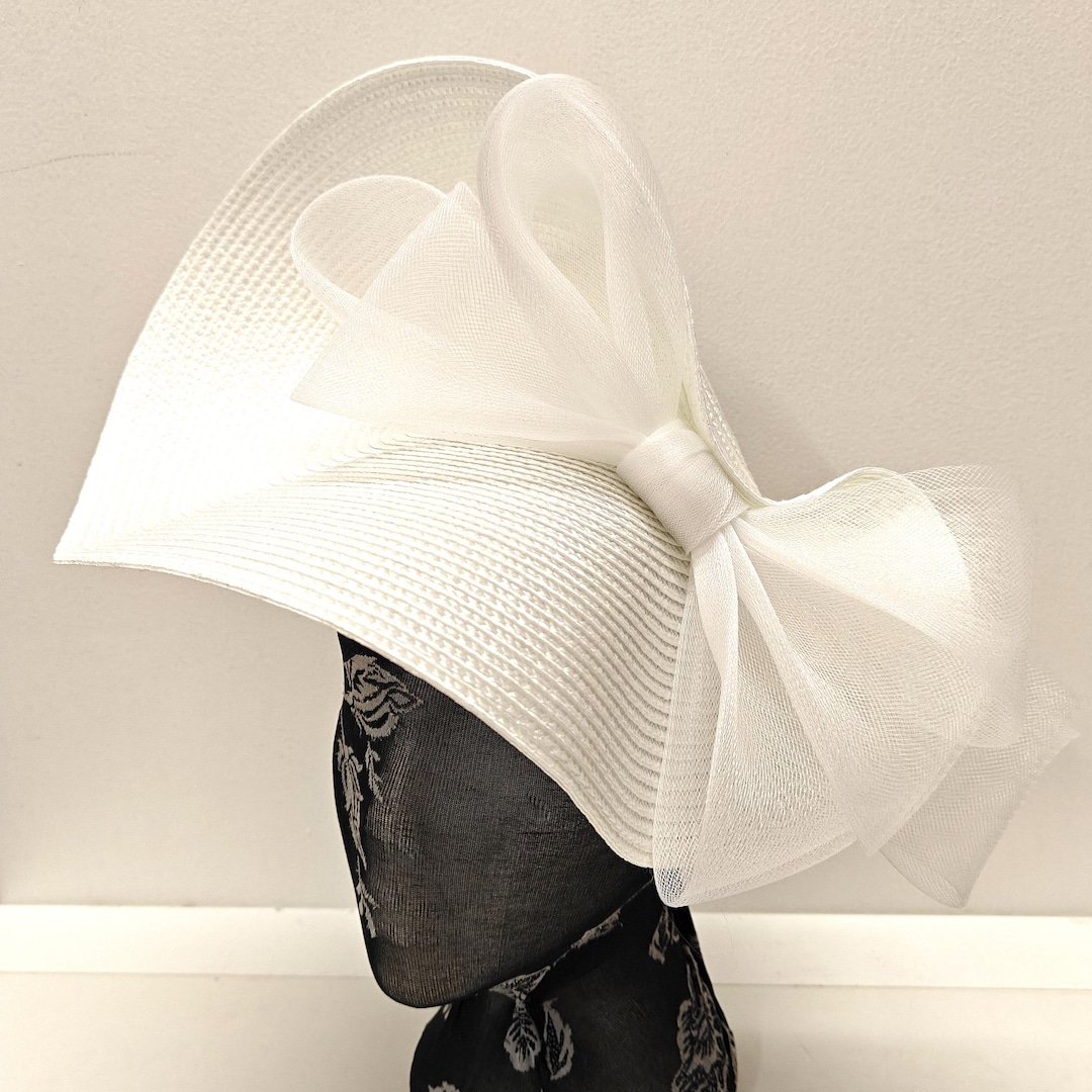 White Large Straw Fascinator With Crinoline Bow Millinery Burlesque ...