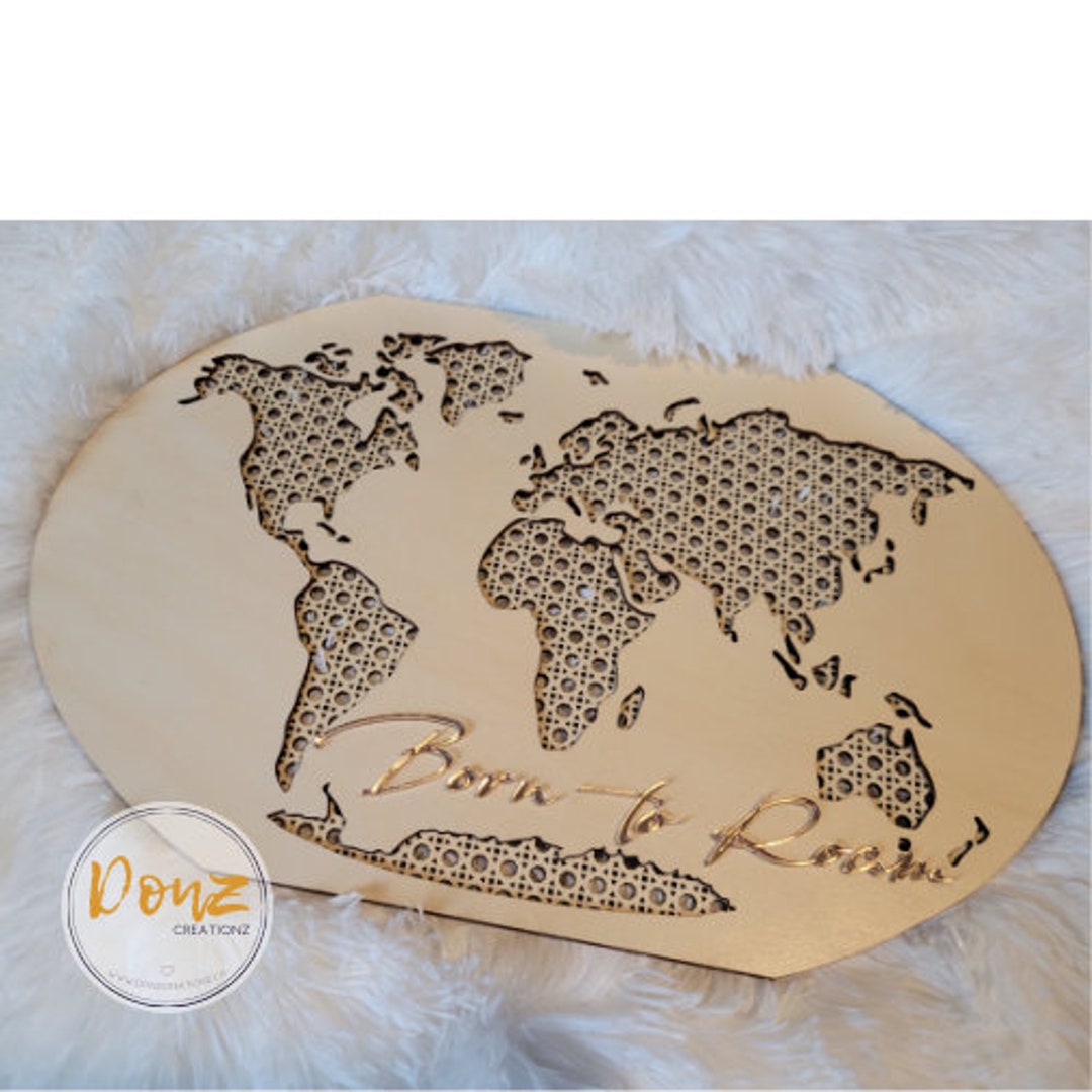 Born to Roam Wood Rattan Map of World Home Decor | Wall Sign ...