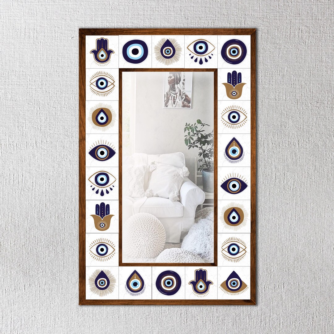 Evil Eye Hamsa Stone Mirror Tiles Wall Art Handmade Mirror Ethnic Home ...