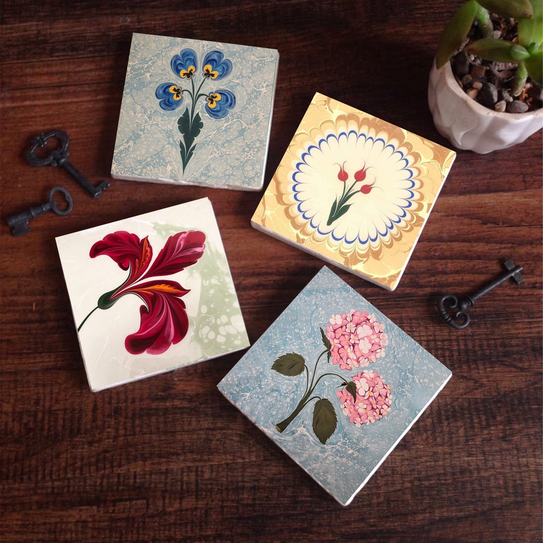 Marbling Art, Tulip, Flower, Hydrangea Coaster, Botanical Stone ...