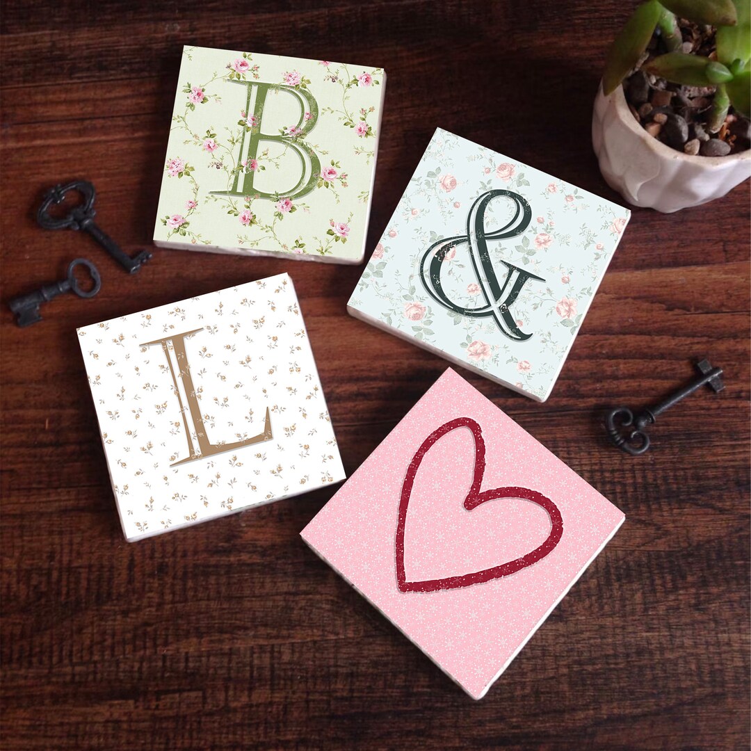 Alphabet Stone Coasters Set Personalized Initials Letters Shabby Chic ...