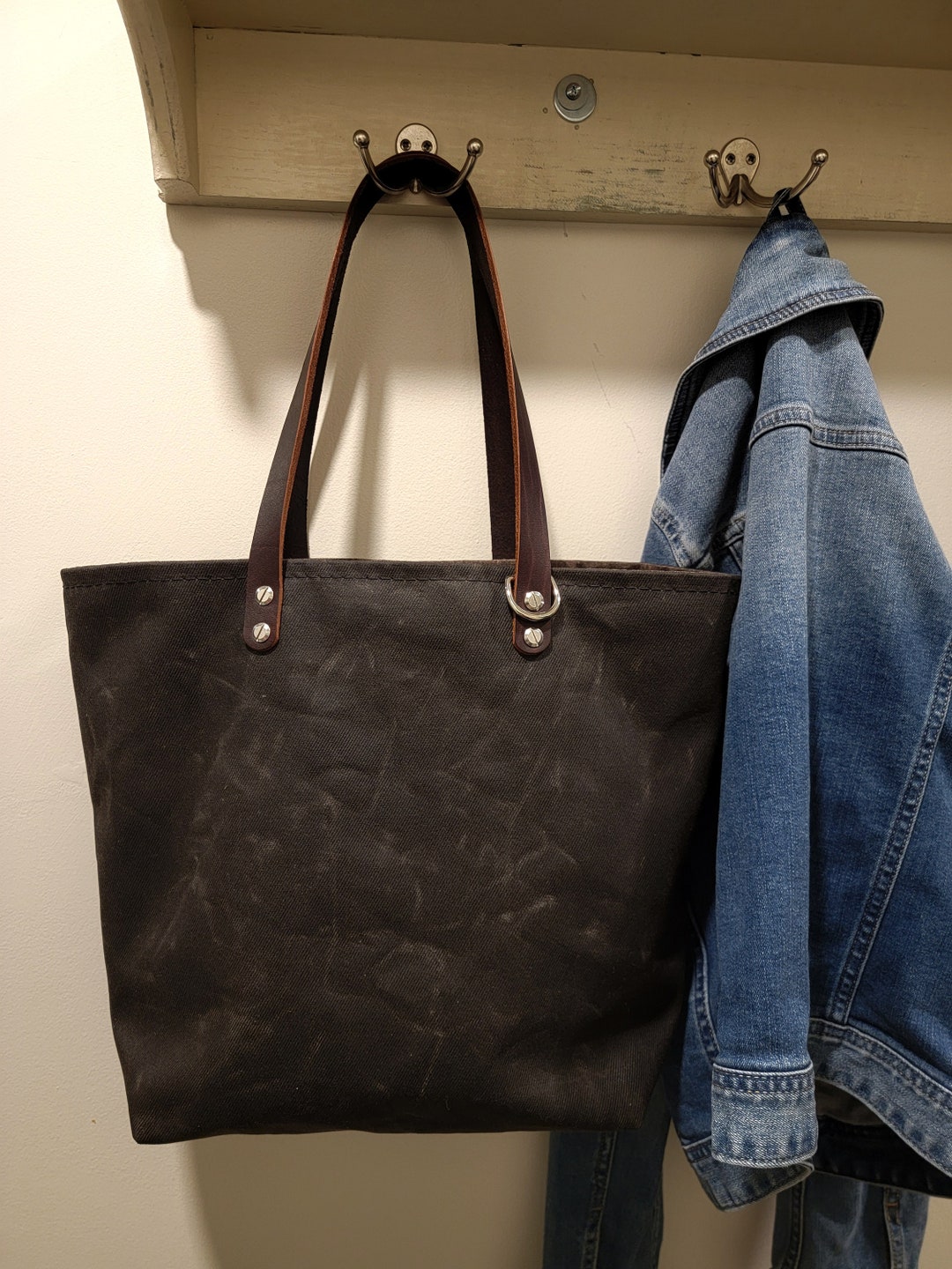 Waxed Cotton Twill Market Bag, Shopper Bag in Chocolate, Chunky Tote Bag, Shopping Bag, Lined ...