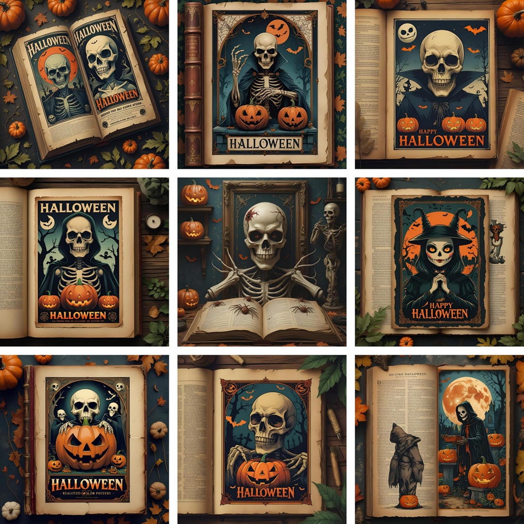 Vintage Halloween Clip Art Collection Featuring Skeletons, Pumpkins ...